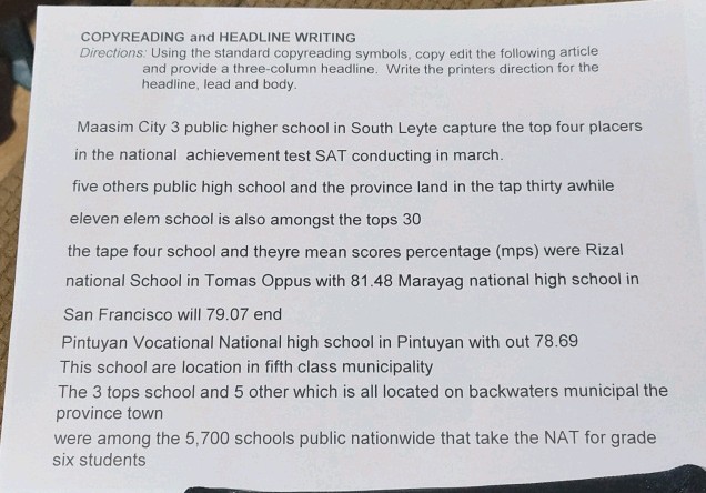 COPYREADING and HEADLINE WRITING Directions | StudyX