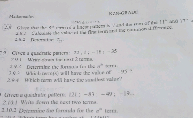 Mathematics KZN-GRADE 28 Given that the 5 th