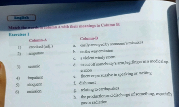 Engliah Match the worar ur column A with | StudyX