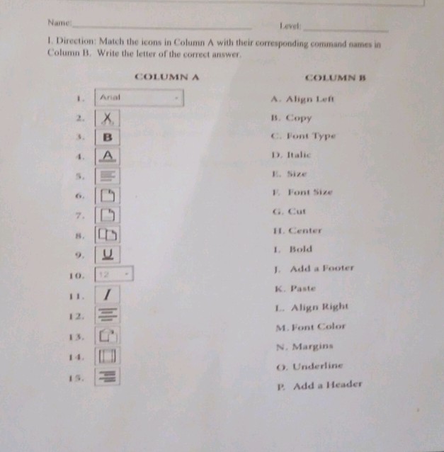 Name Level 1 Direction Match the icons in | StudyX