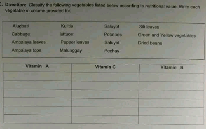 Direction Classify the following vegetables | StudyX