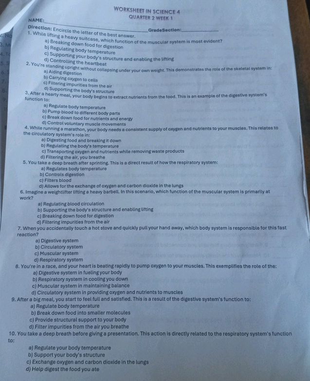 WORKSHEET IN SCIENCE 4 QUARTER 2 WEEK 1 NAME | StudyX