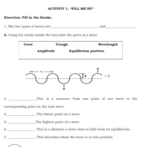 ACTIVITY 1 FILL ME IN Direction Fill in the | StudyX