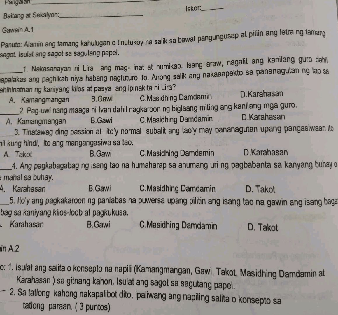 Pangalan Baitang at Seksiyon Iskor Gawain | StudyX