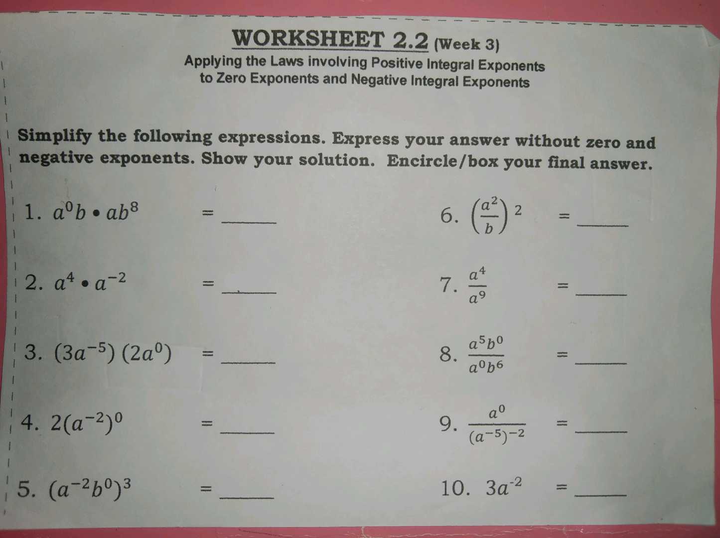 WORKSHEET 22 (Week 3) Applying the Laws | StudyX