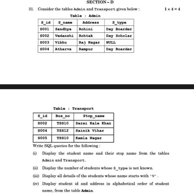 SECTION - D 31 Consider the tables Admin and | StudyX