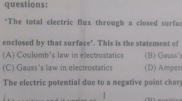 questions The total electric flux through a | StudyX