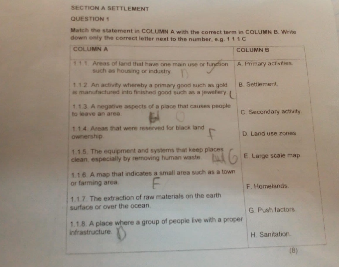SECTION A SETTLEMENT QUESTION 1 Match the | StudyX
