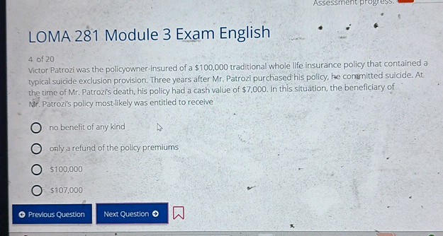 LOMA 281 Module 3 Exam English 4 of 20 | StudyX