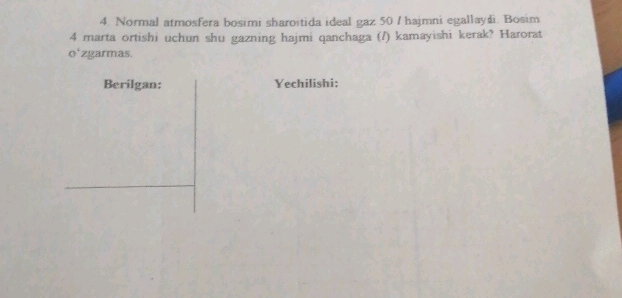 4 Normal atmosfera bosimi sharoitida ideal | StudyX