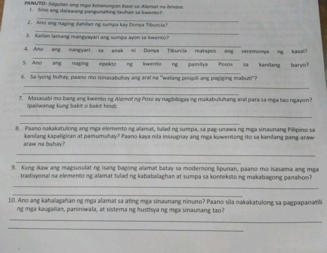 PANUTO Sagutan ang mga katanungan base sa | StudyX