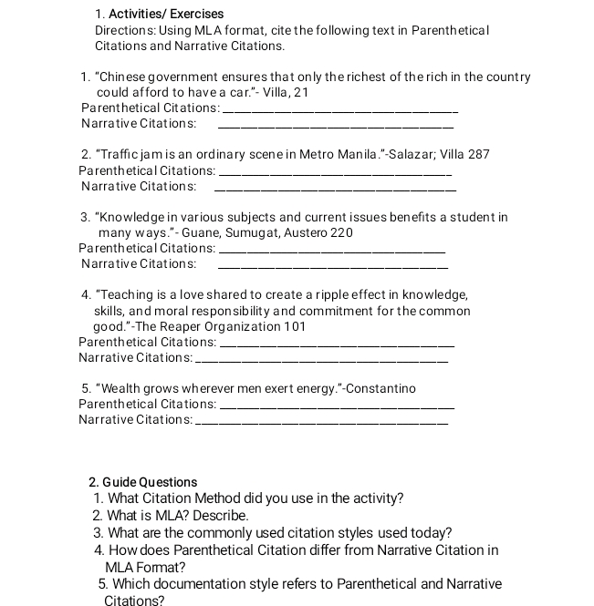 1 Activities/ Exercises Directions Using MLA | StudyX