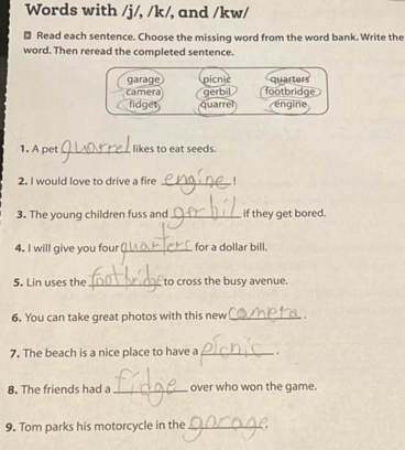 Words with /j/ /k/ and /kw/ Read each | StudyX