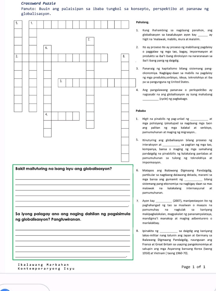 Crossword Puzzle Panuto Buuin ang palaisipan | StudyX