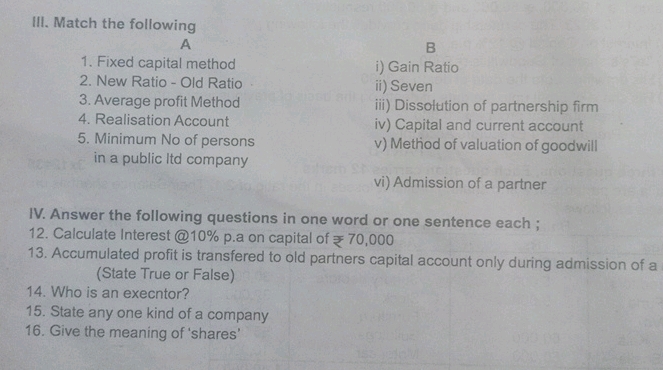 III Match the following A 1 Fixed capital | StudyX