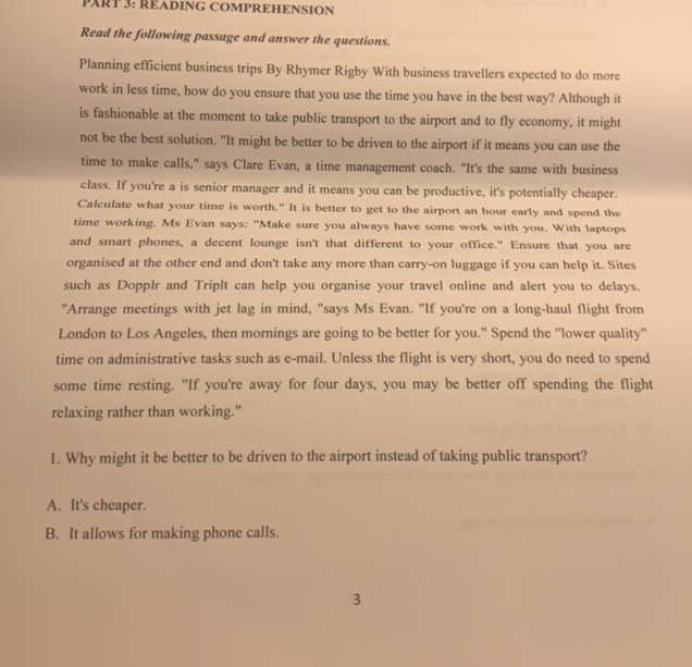 PART 3 READING COMPREHENSION Read the | StudyX