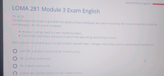 Assessment progress LOMA 281 Module 3 Exam | StudyX