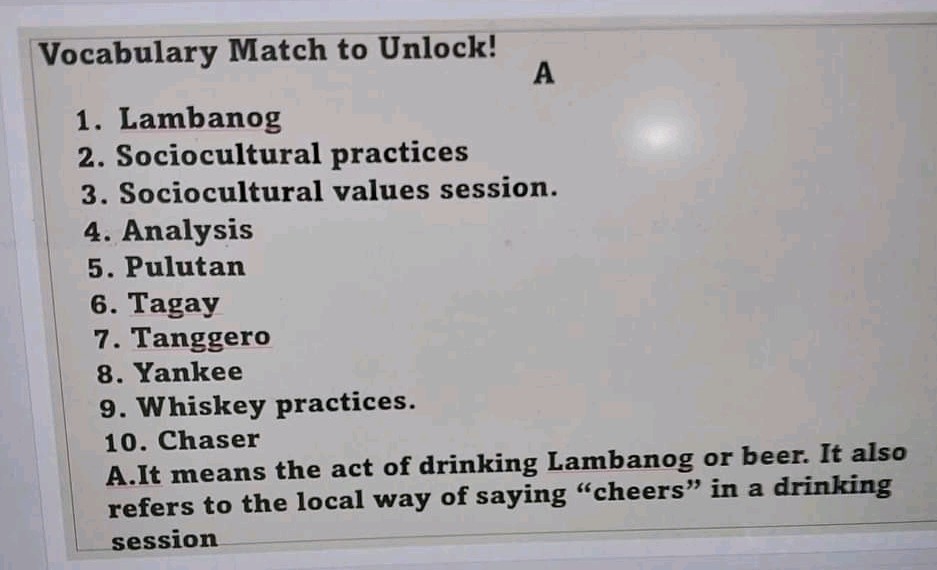 Vocabulary Match to Unlock A 1 Lambanog 2 | StudyX