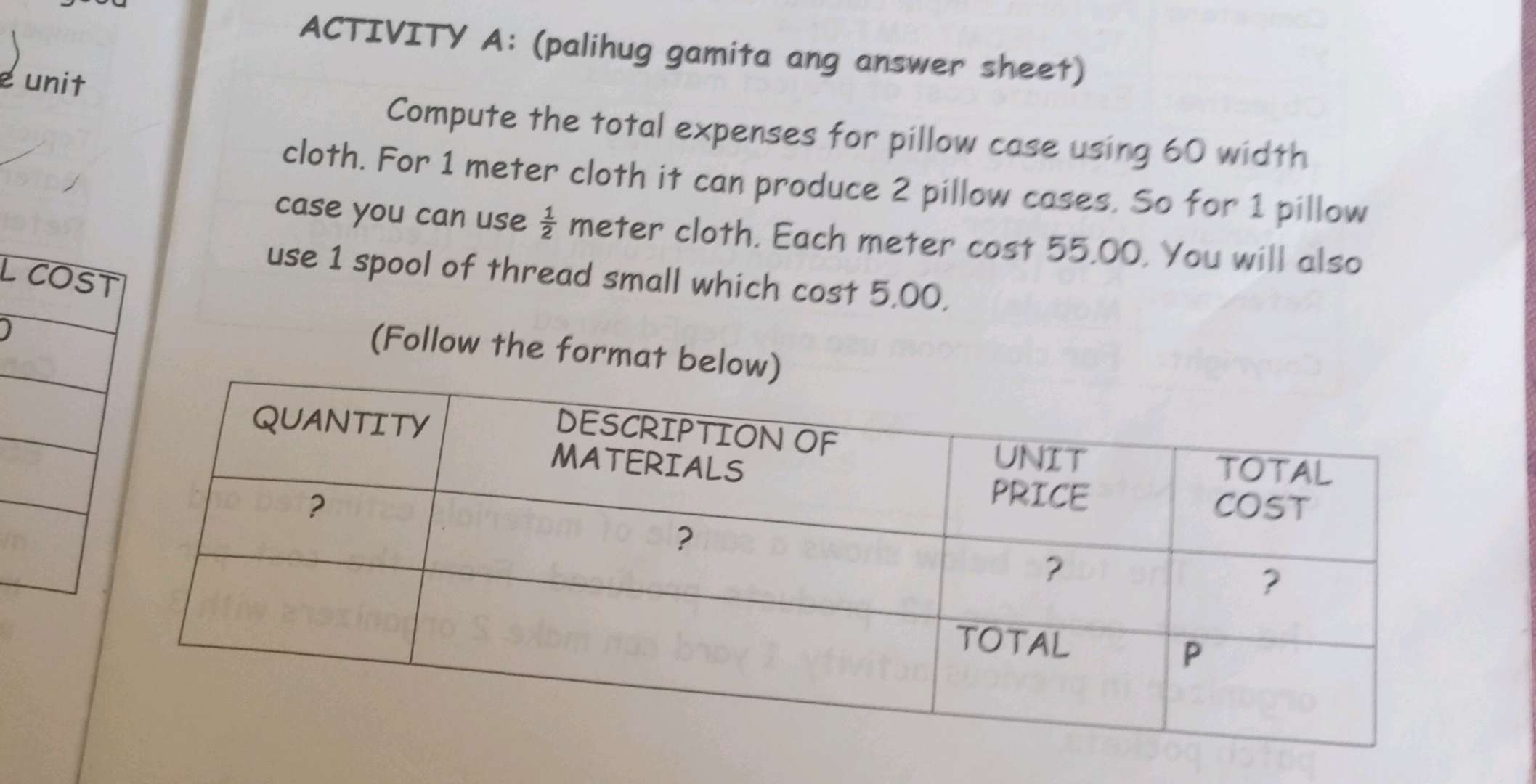 ACTIVITY A (palihug gamita ang answer sheet) | StudyX