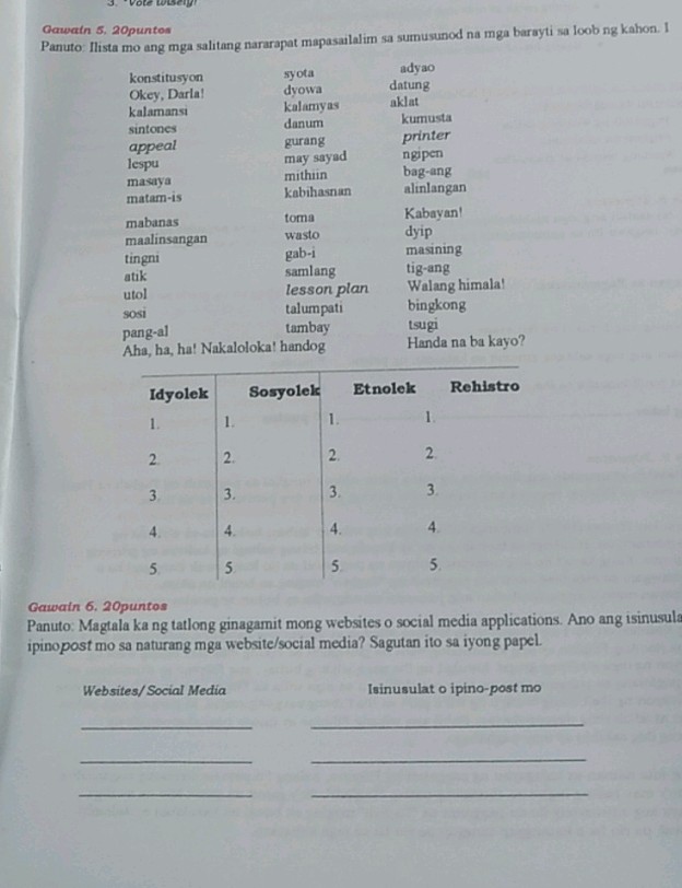 Gawain 5 20puntoa Panuto Ilista mo ang mga | StudyX