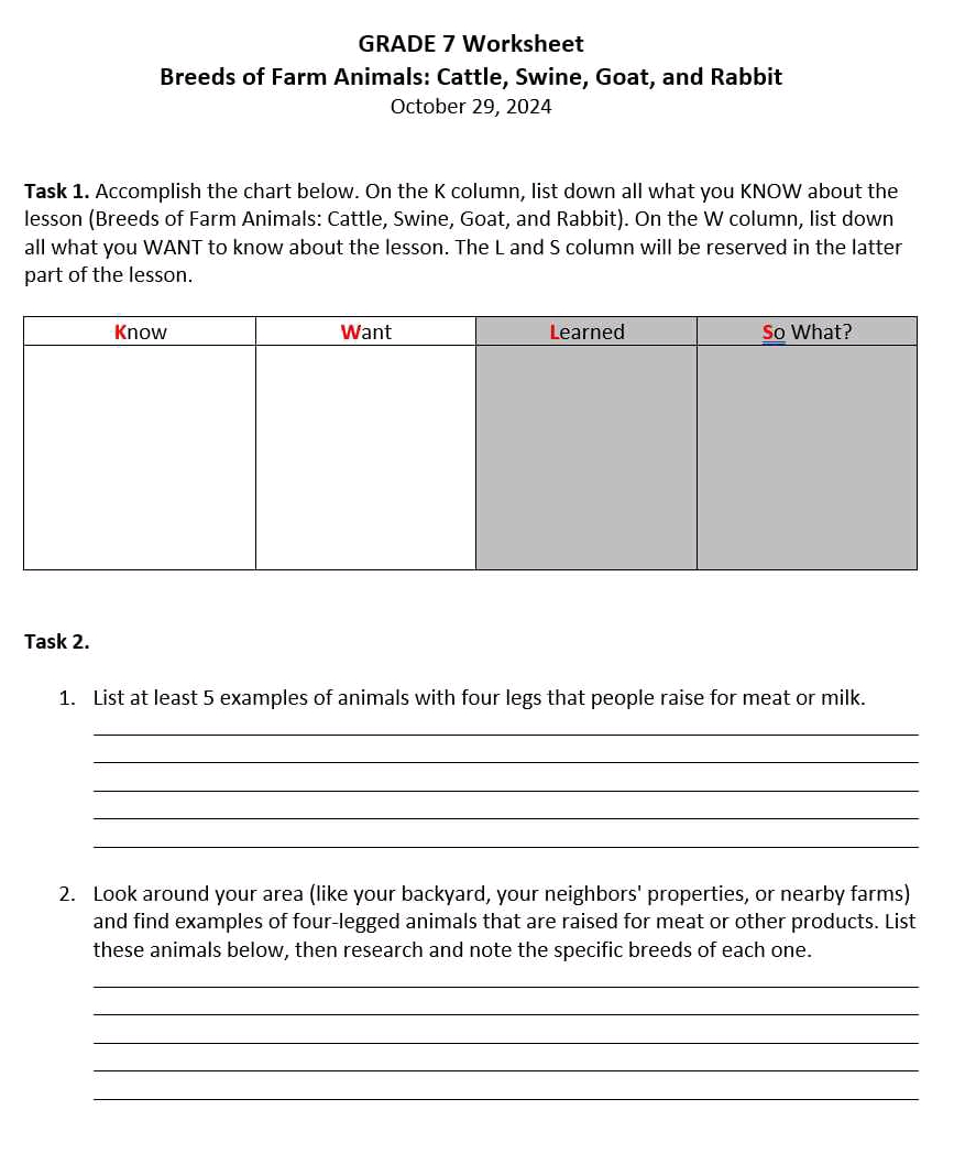 GRADE 7 Worksheet Breeds of Farm Animals | StudyX