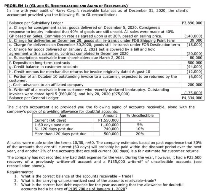 PROBLEM 1 (GL AND SL RECONCILIATION AND | StudyX