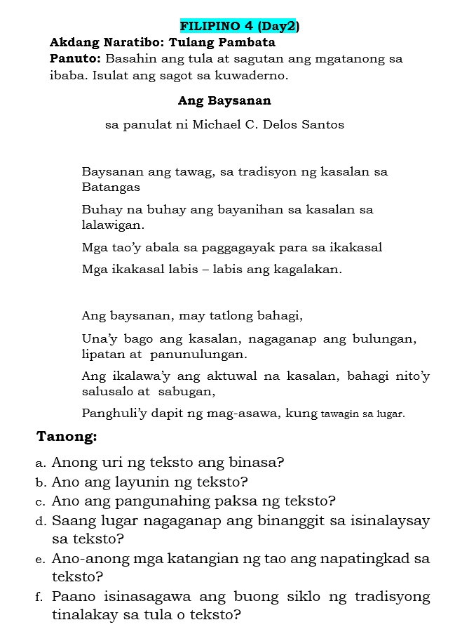 FILIPINO 4 (Day2) Akdang Naratibo Tulang | StudyX