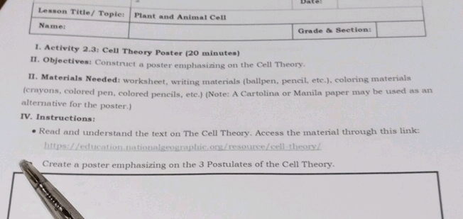 Lesson Title/ Topie Plant and Animal Cell | StudyX