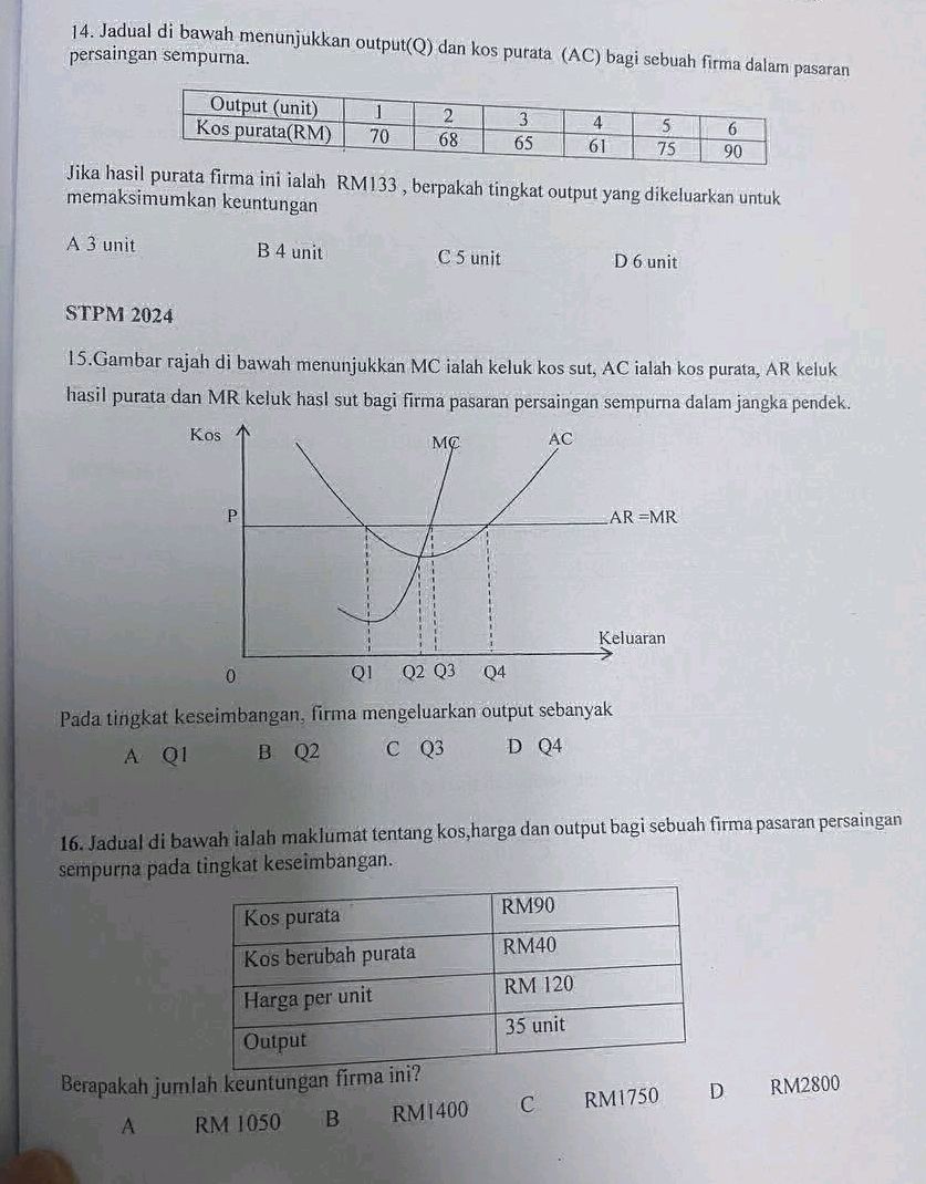 14 Jadual di bawah menunjukkan output(Q) dan | StudyX