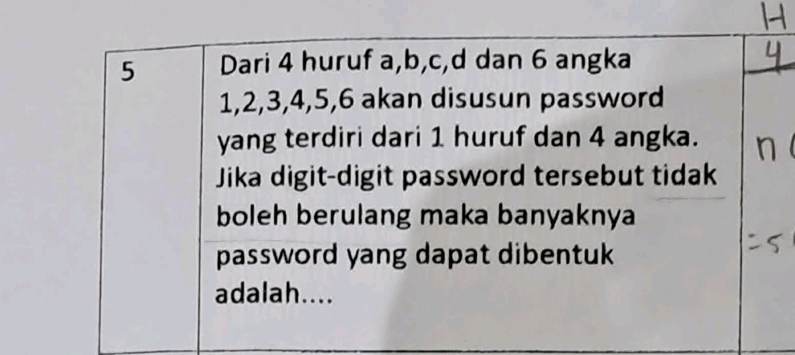 5 Dari 4 huruf abcd dan 6 angka 123456 | StudyX