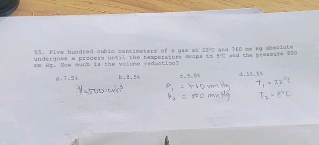55 Five hundred cubic centimeters of a gas