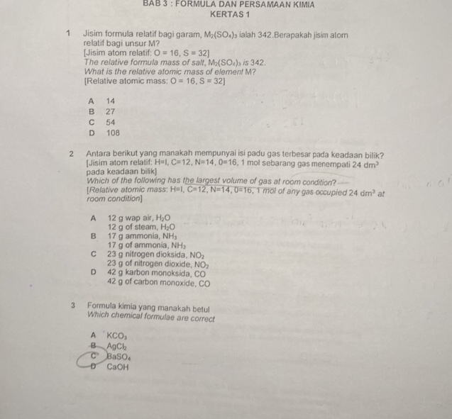 BAB 3 FORMULA DAN PERSAMAAN KIMIA KERTAS 1 | StudyX