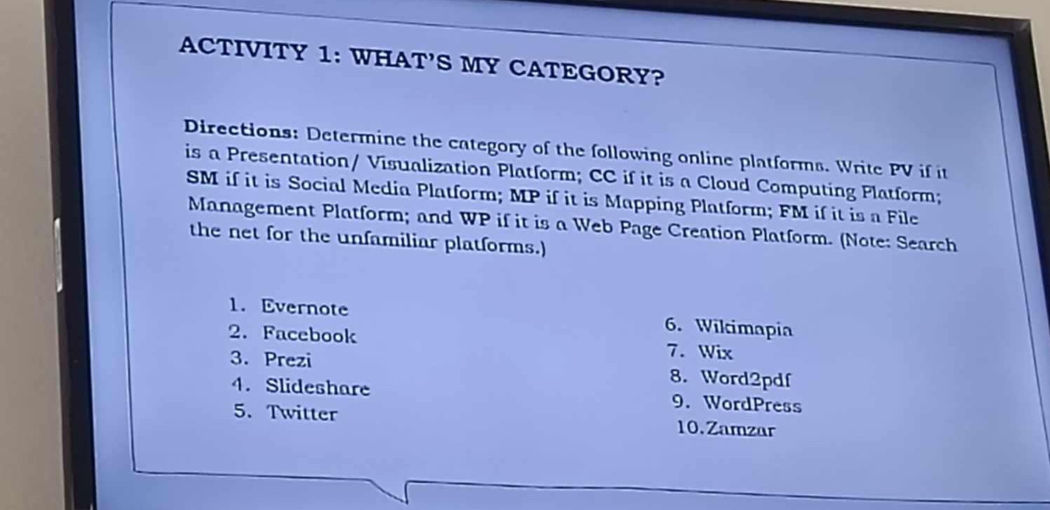 ACTIVITY 1 WHATS MY CATEGORY Directions | StudyX