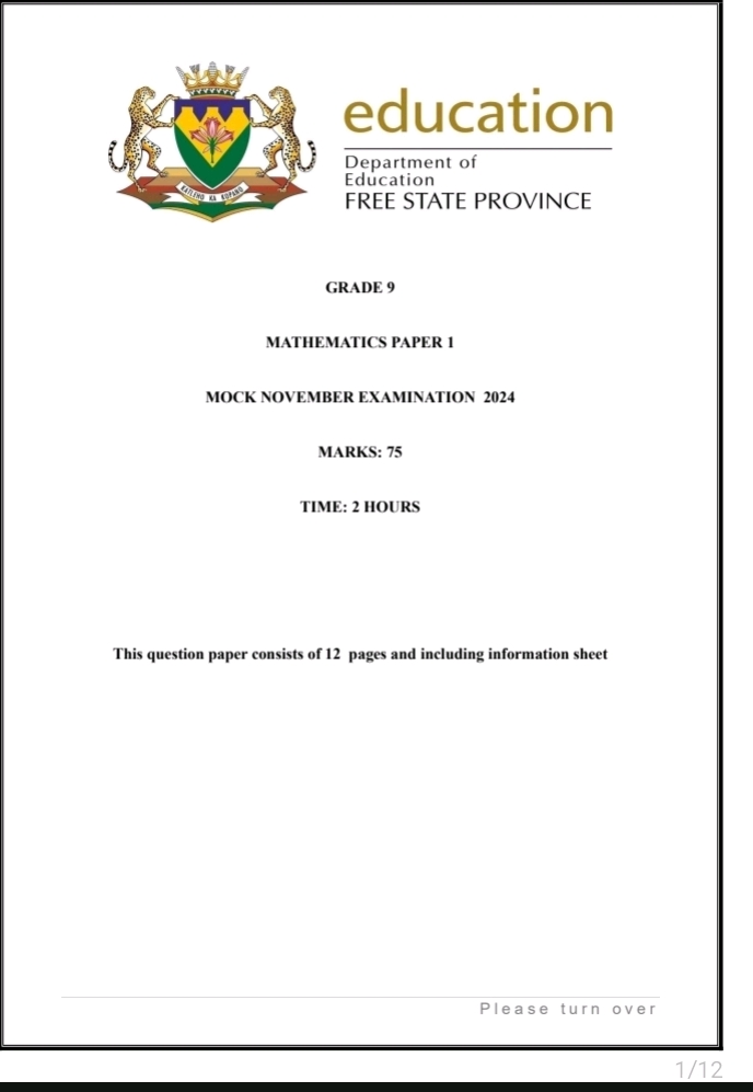 GRADE 9 MATHEMATICS PAPER 1 MOCK NOVEMBER | StudyX