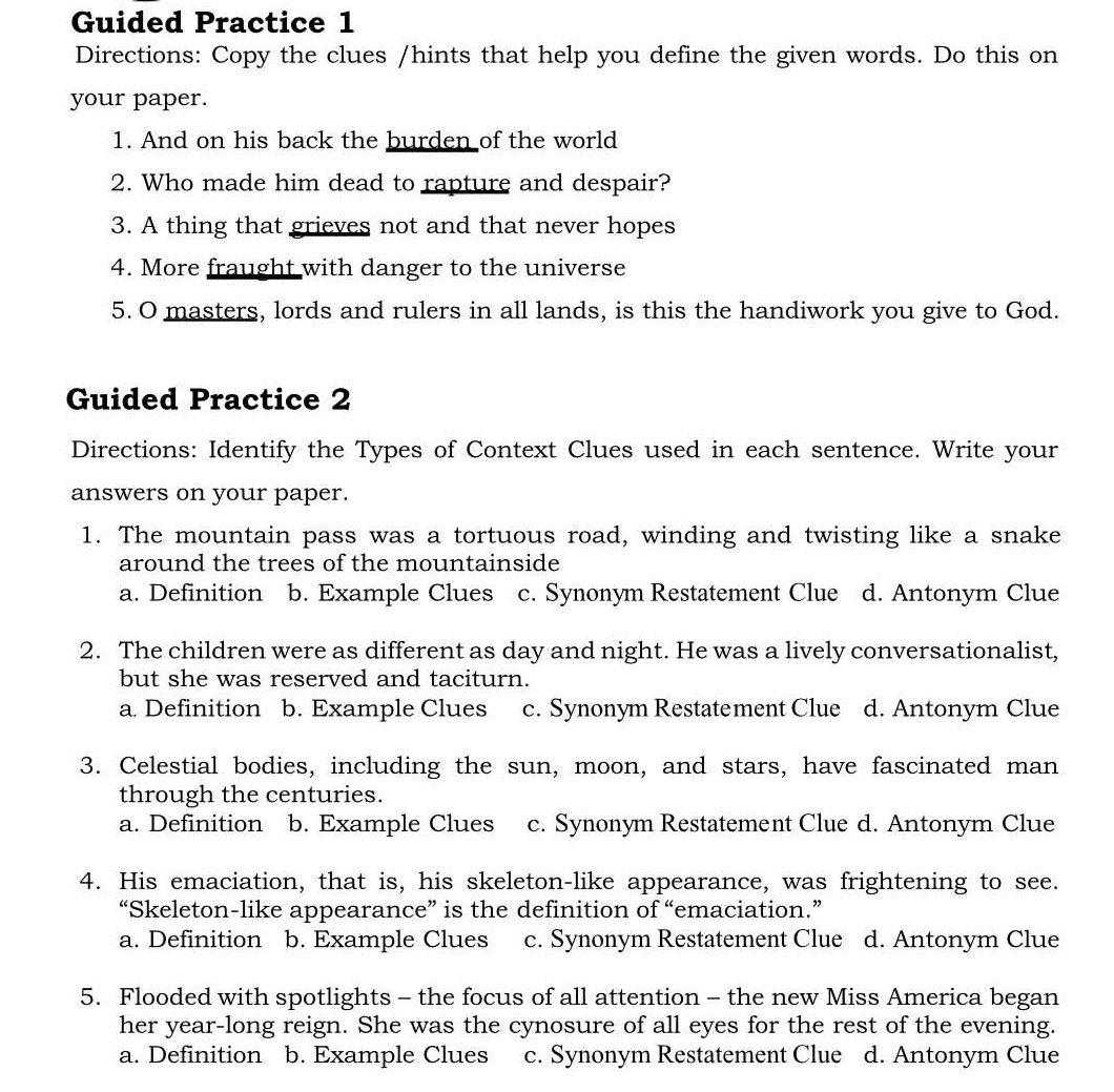 Guided Practice 1 Directions Copy the clues | StudyX