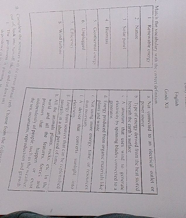English Grade XII Match the vocabulary with | StudyX