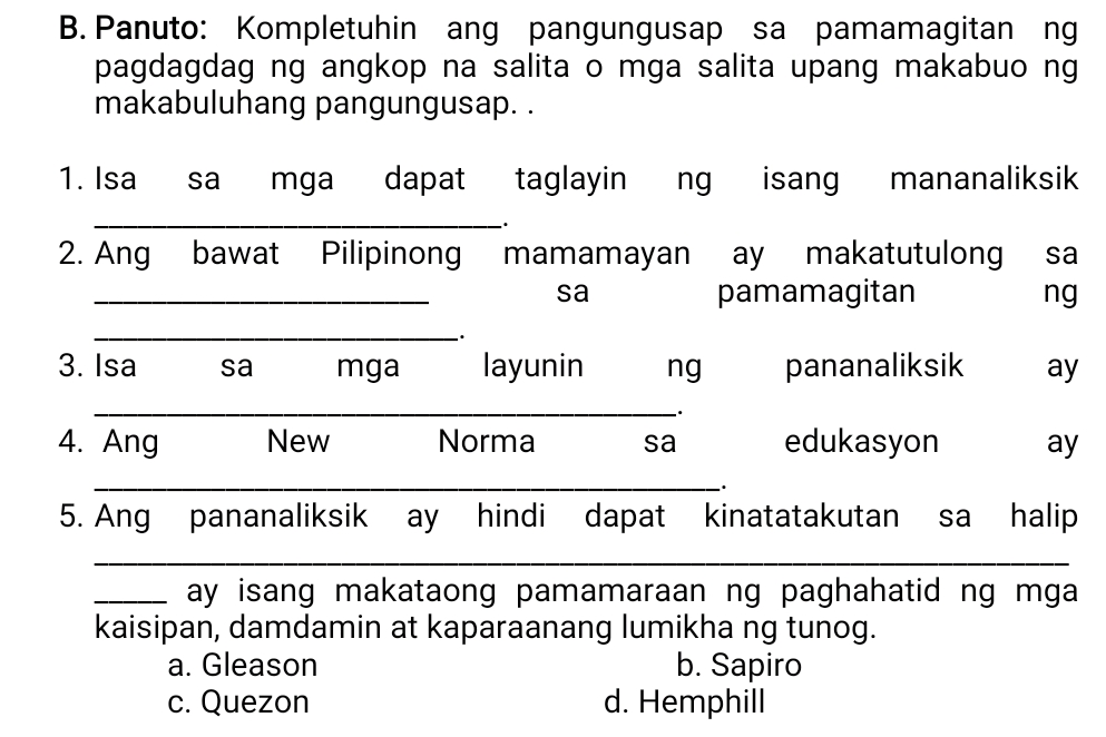 B Panuto Kompletuhin ang pangungusap sa | StudyX