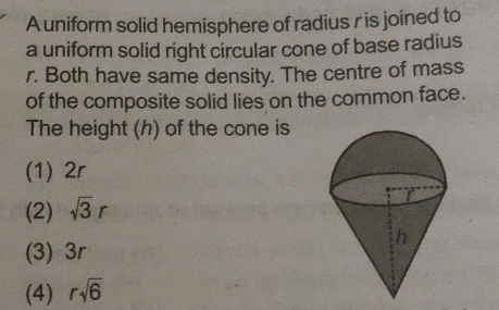 A uniform solid hemisphere of radius r is | StudyX