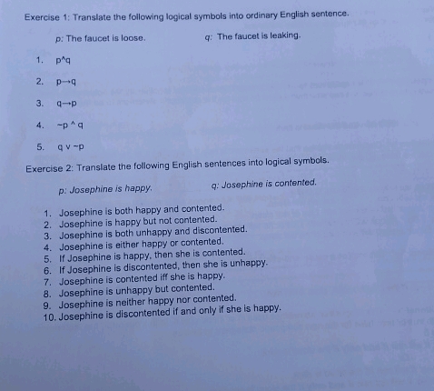 Exercise 1 Translate the following logical | StudyX